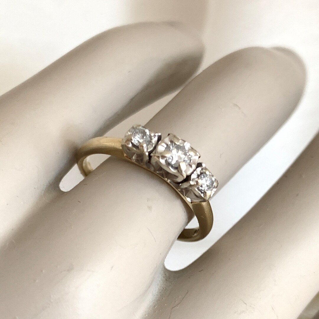 10K Two Tone Gold Three Diamond Wedding Band Ring, Vintage Yellow ...
