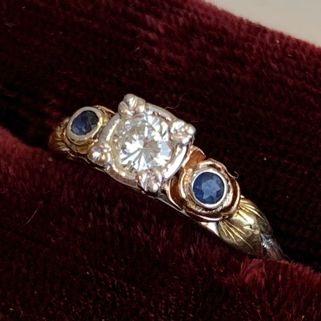 Custom Made 14K Tri-colored Diamond & Sapphire Engagement Ring, 14k ...