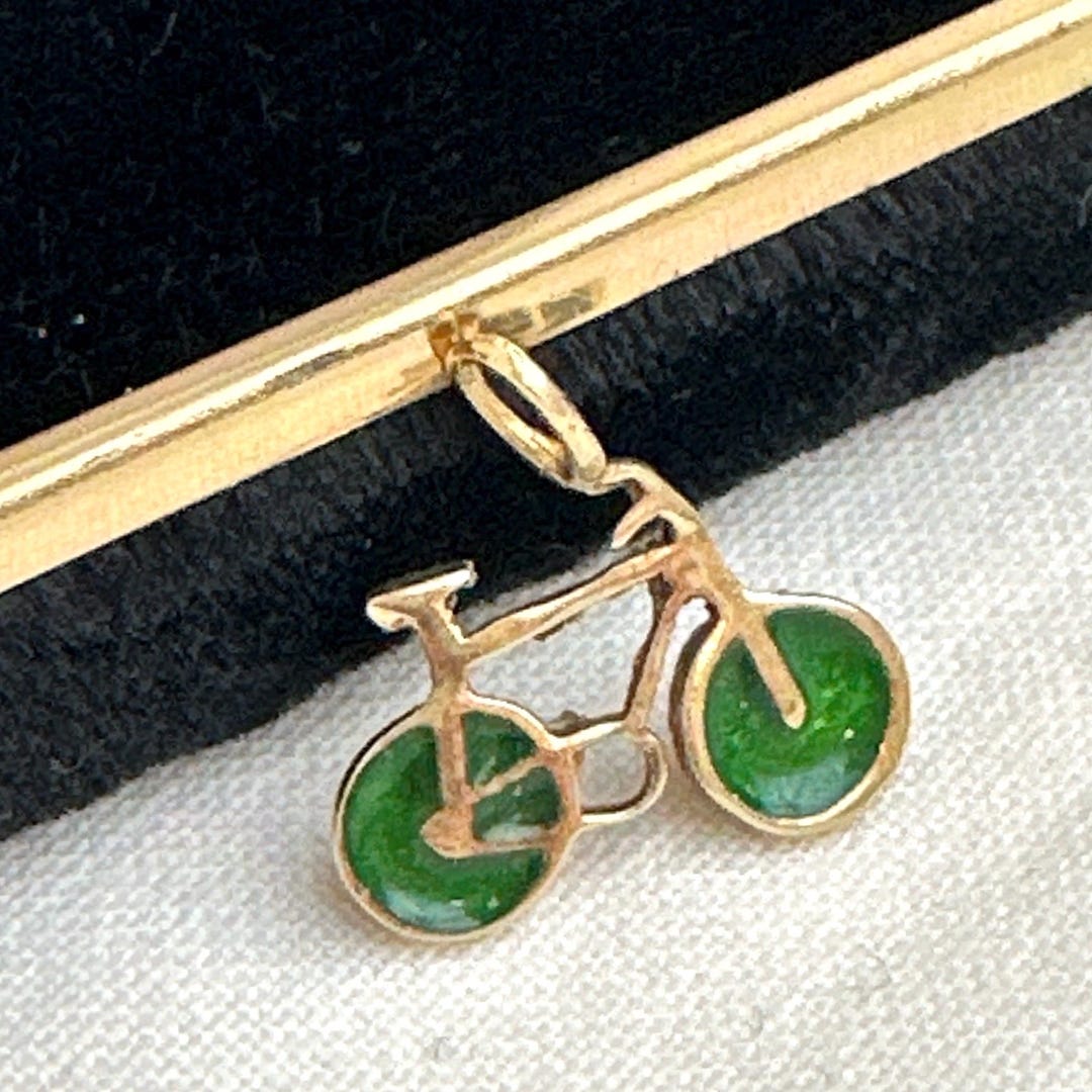 14K Yellow Gold Green Enamel Bicycle Pendant, Vintage 14K Gold Bike ...
