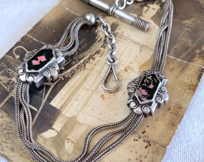French Sterling Silver Pocket Watch Chain, Painted Floral Enamel Slide ...