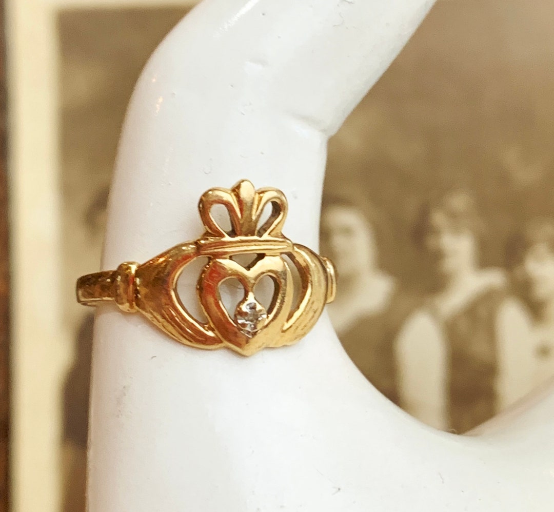 10K Yellow Gold Irish Celtic Diamond Solitaire Claddagh Band, Sz 6-3/4 ...