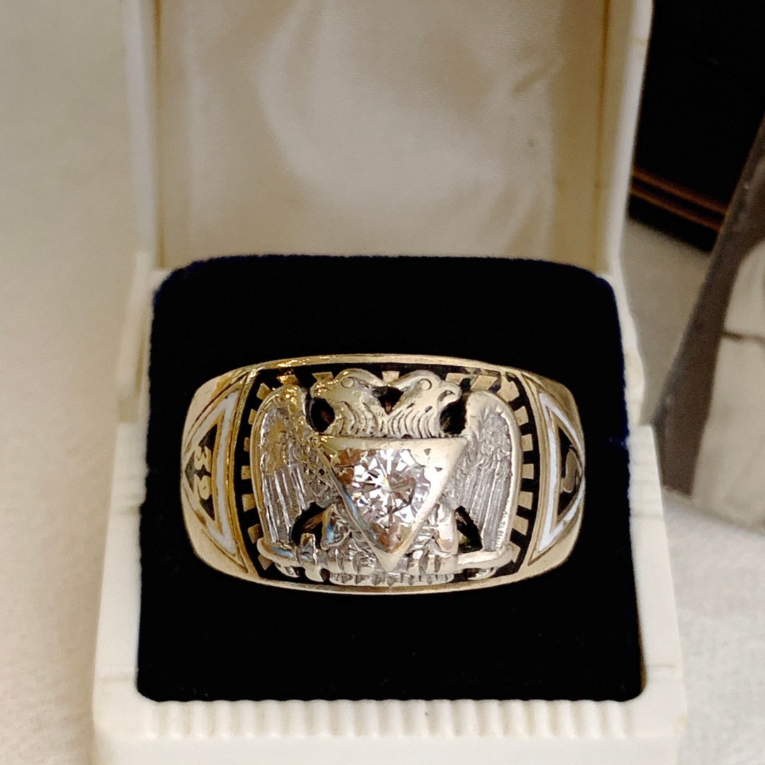 Mid Century 10K & 14K Solid Gold Diamond Masonic Signet Ring, Men's ...