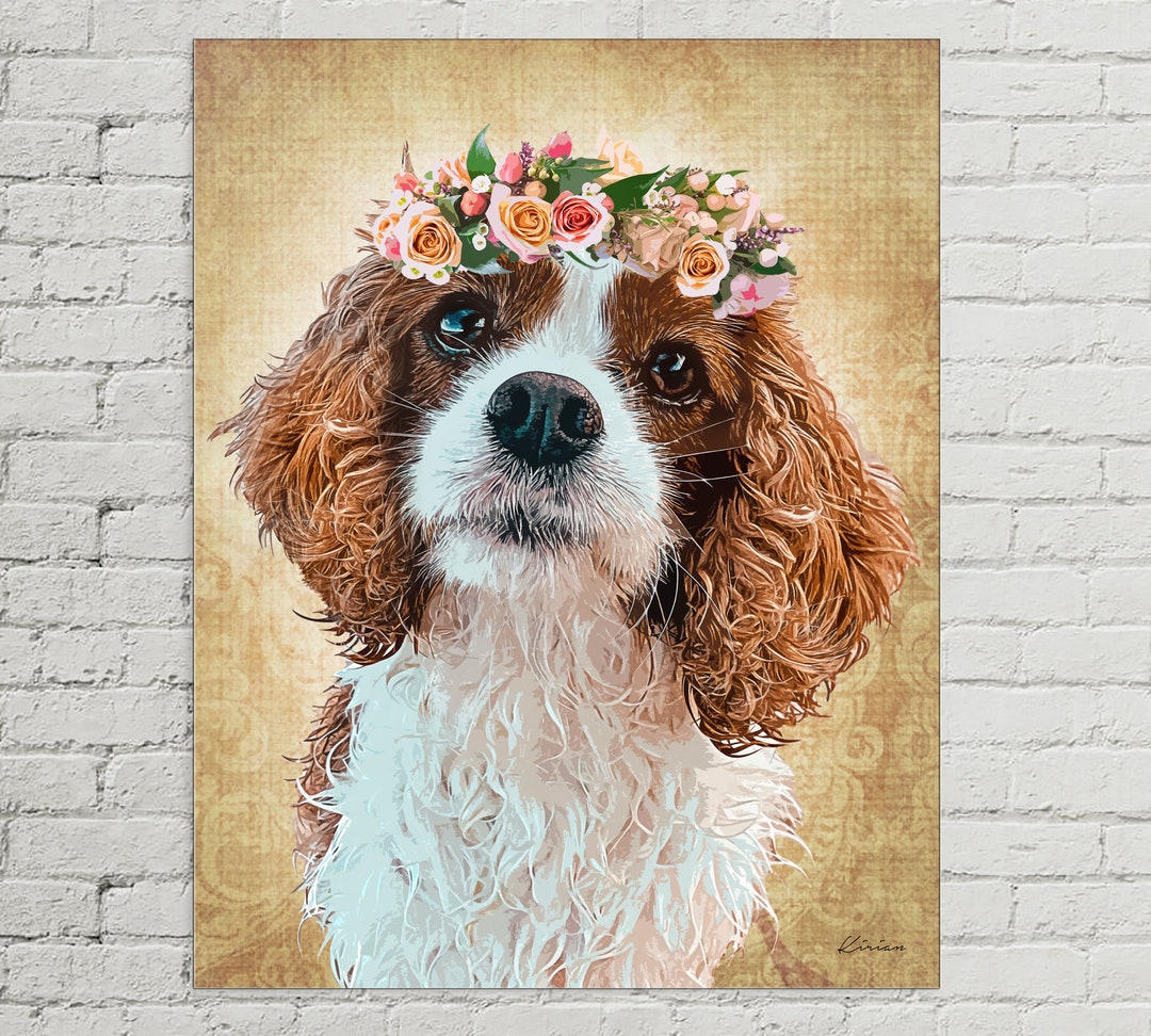Boho Style Custom Pet Memorial Portrait With Flower Crown on Canvas ...