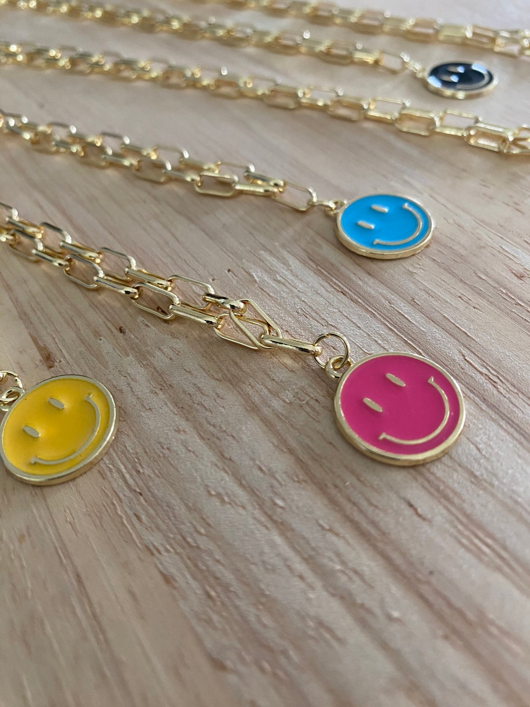 Colorful Happy Face Necklace Gold Paperclip Chain Smiley Charm Necklace ...