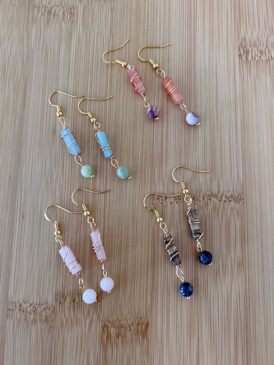 Dangling Crystal and Semi Precious Stone Earrings Gold Wire Wrapped ...