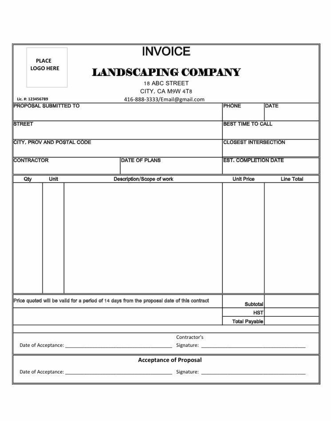 Landscaping Invoice Template | Contractor Invoice | Easy to Edit ...