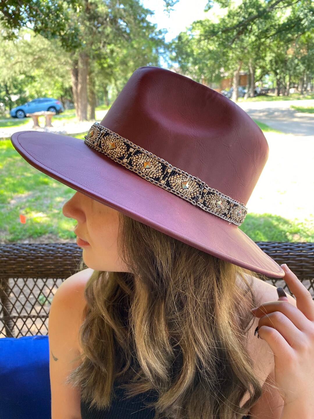 Maroon Faux Leather Fedora With Rhinestone, Pearl and Chain Hat Band ...