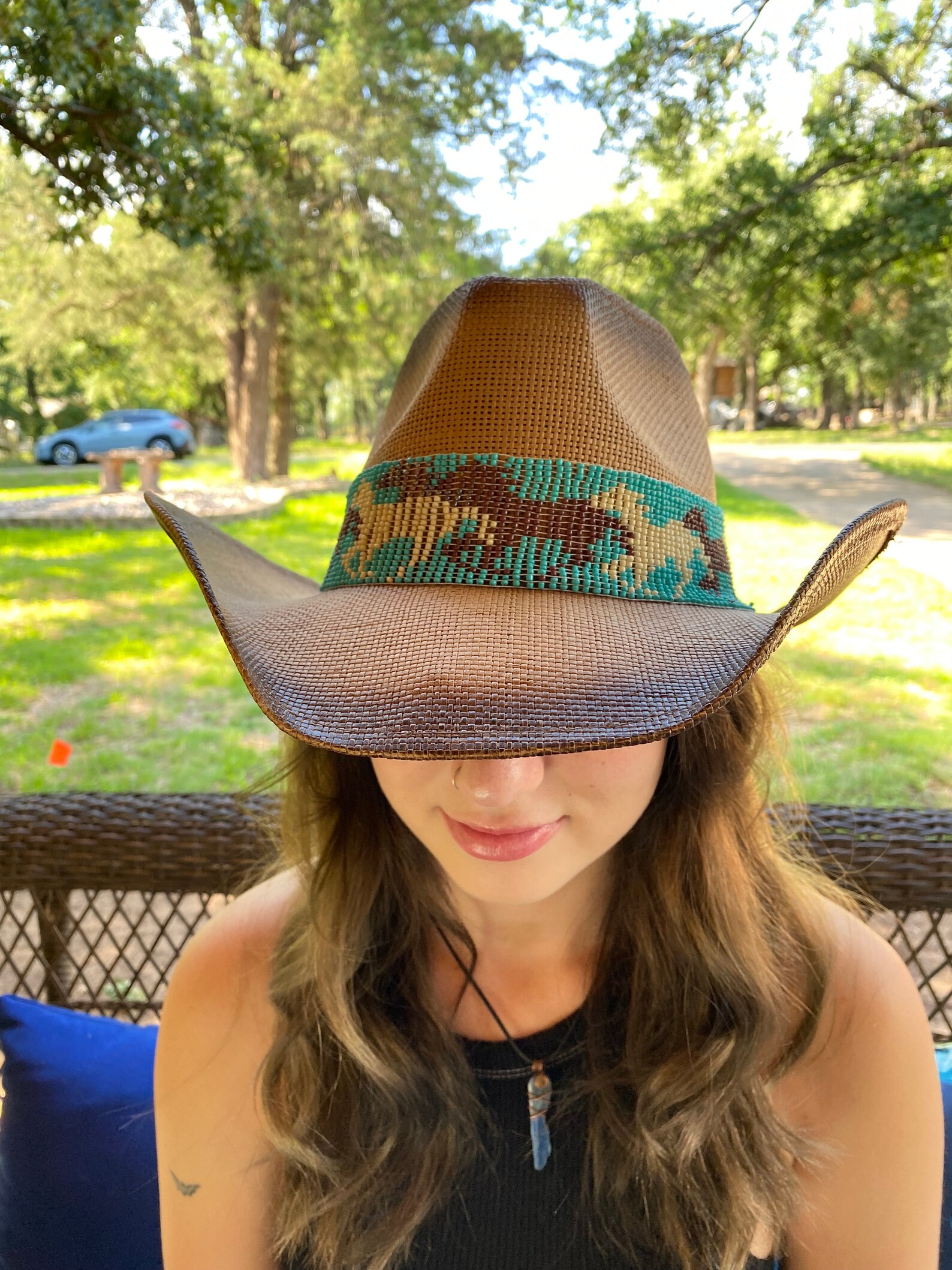 Straw Cowboy Hat, Antiqued Straw With Beaded Horse Hat Band. One Size ...