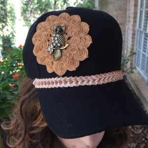 Black Ball Cap With Beautiful Gold Ribbon Applique With Owl Pendant and ...