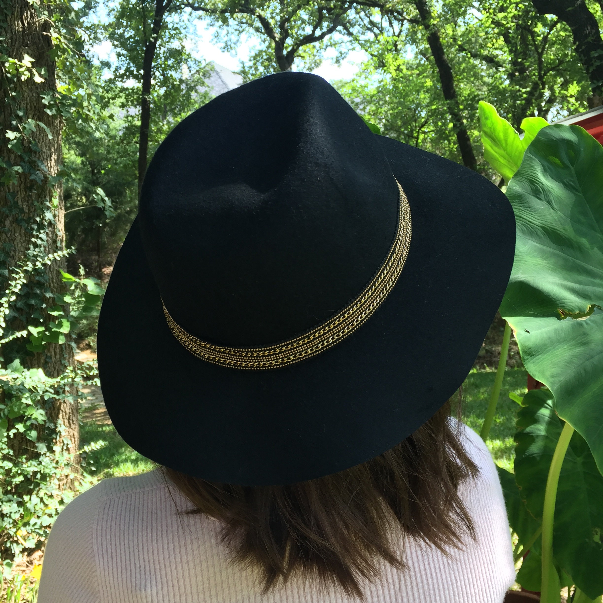 Fedora Black Wool Felt Wide Brim. Gold and Black Hat Band. - Etsy