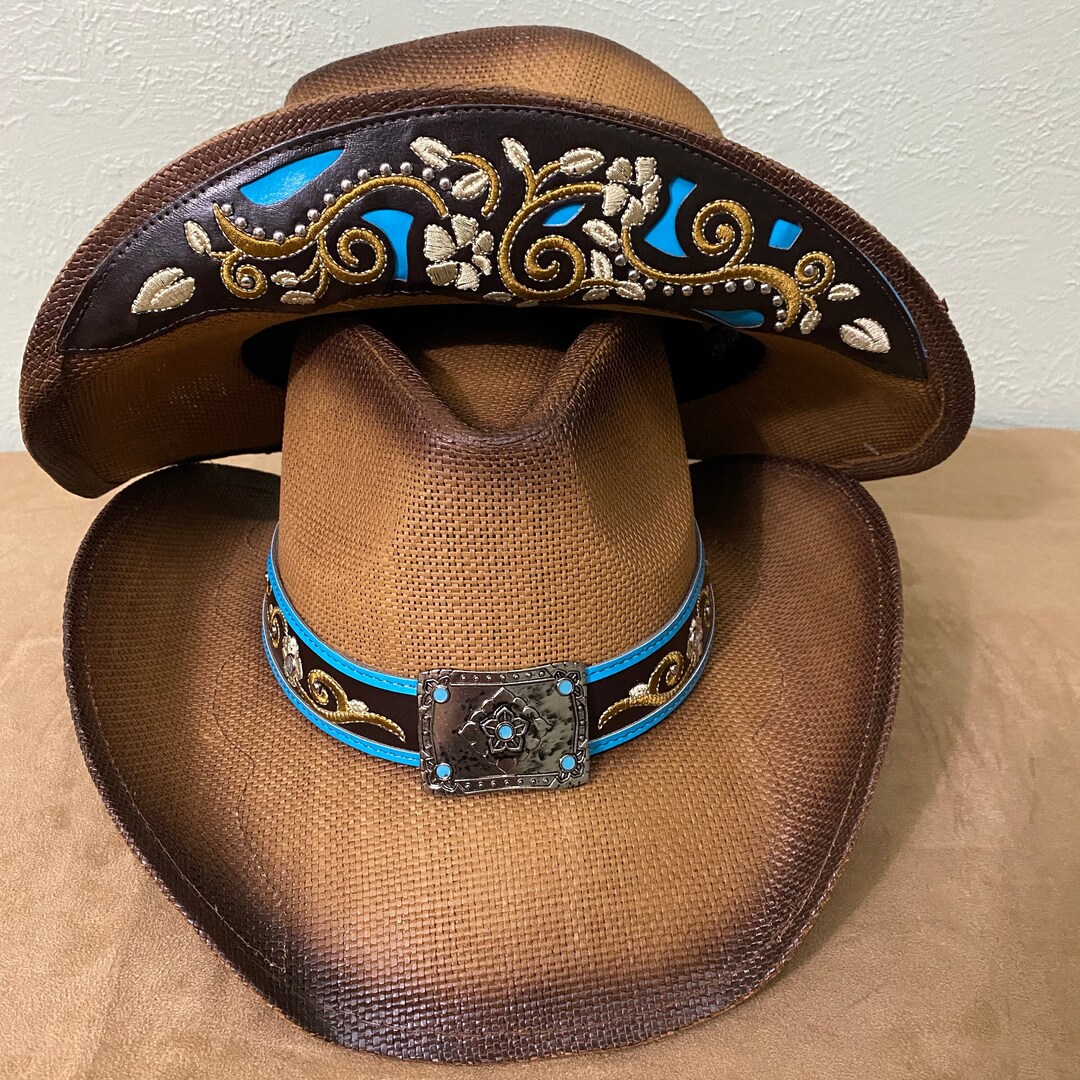 Straw Cowboy Hat With Beautiful Scroll Appliques on Each Side Brim ...