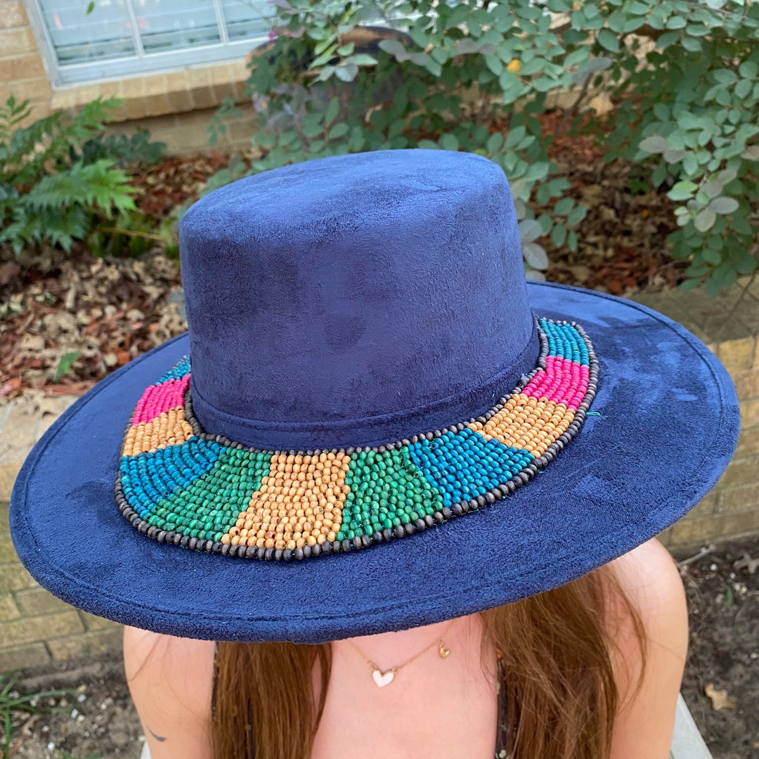 Wide Brim Beautiful Blue Felt Fedora Hat With Unique Teal, Pink, Gold ...