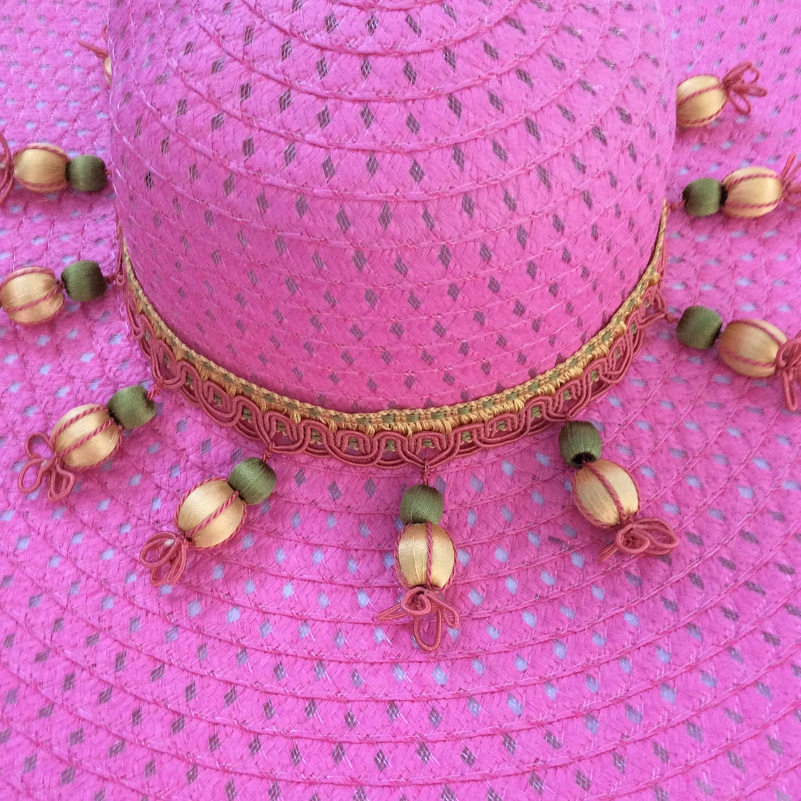 Pink Wide Brim Floppy Hat With Unique Green and Yellow Pom Poms. This ...