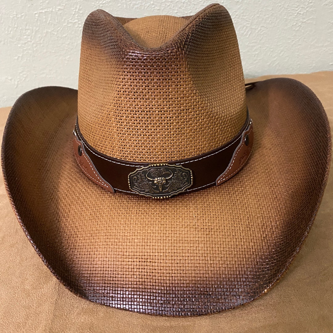 Brown Straw Cowboy Hat, Antiqued Straw With Unique Light & Dark Brown ...