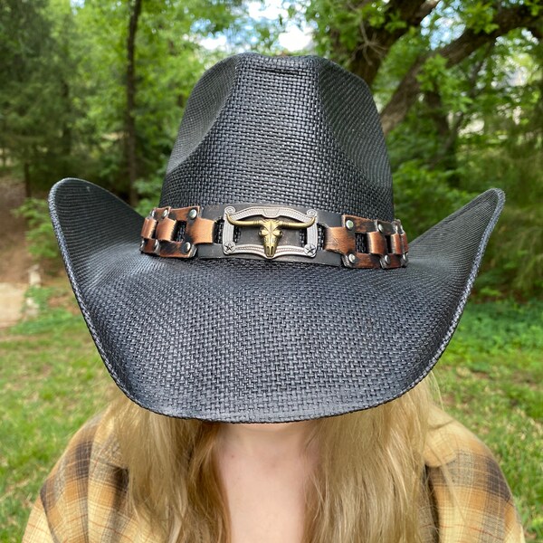 Black Straw Cowboy Hat - Etsy