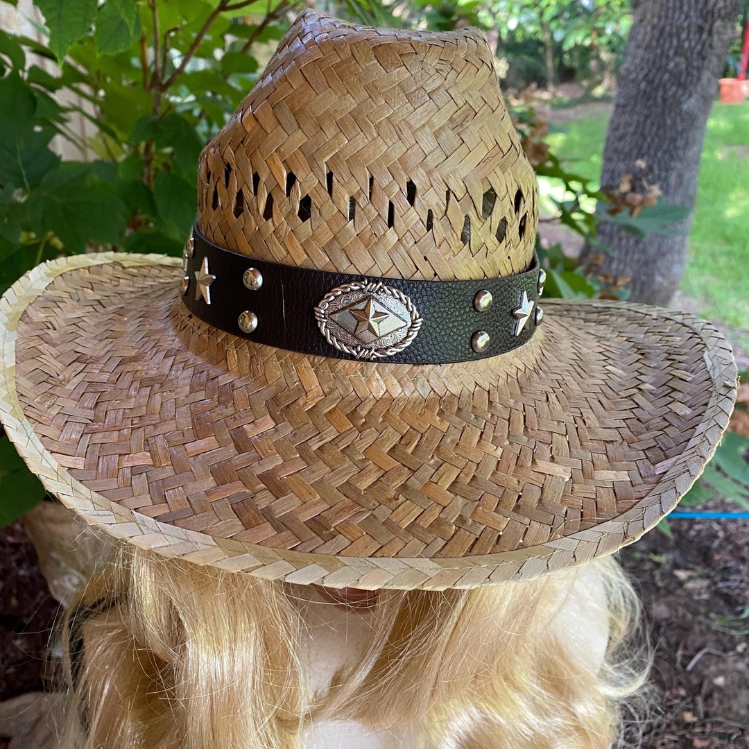 Tan Straw Fedora Style Hat With Fun Black Hat Band Embellished With a ...