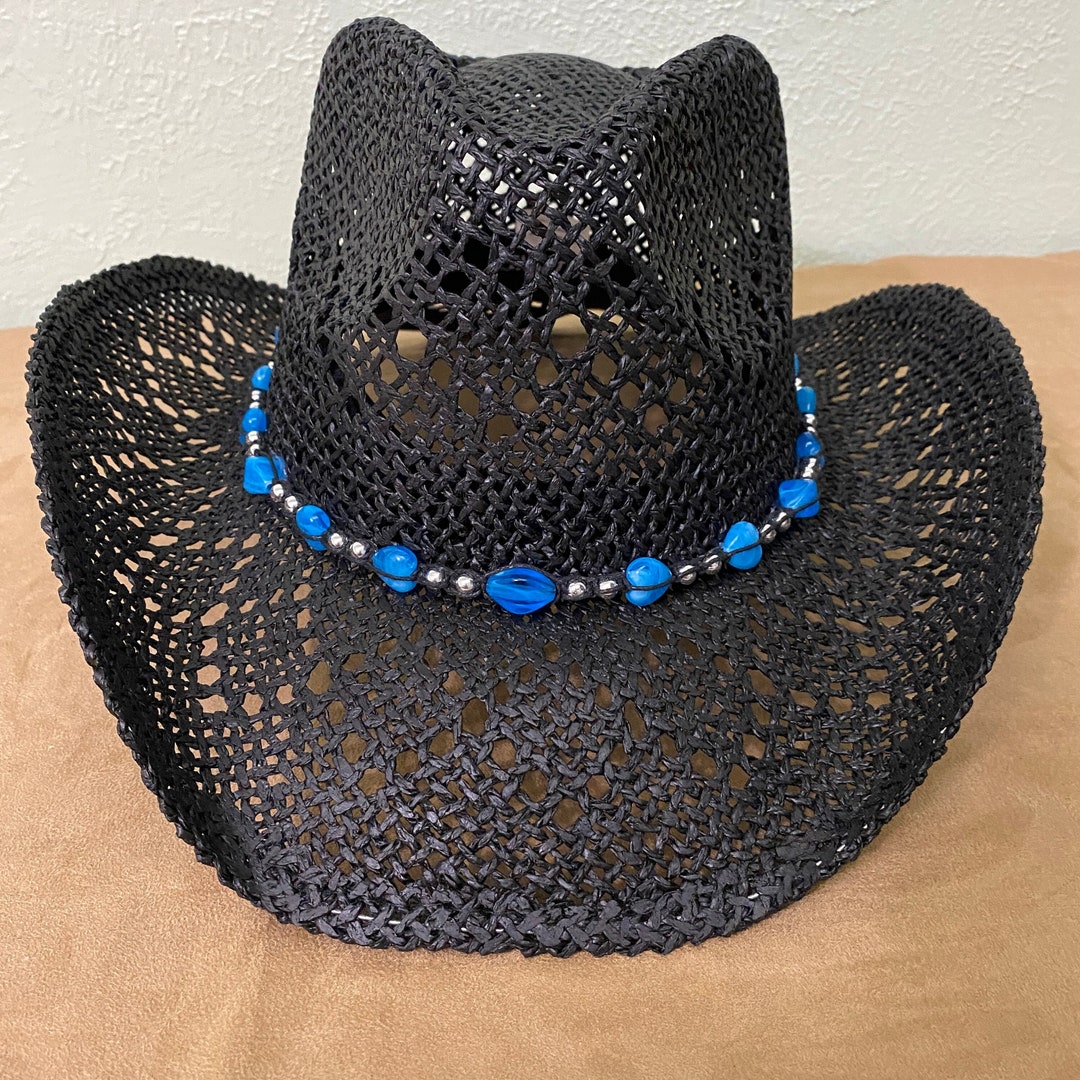 Black Straw Cowboy Hat With Unique Woven Designs and Blue and Silver ...