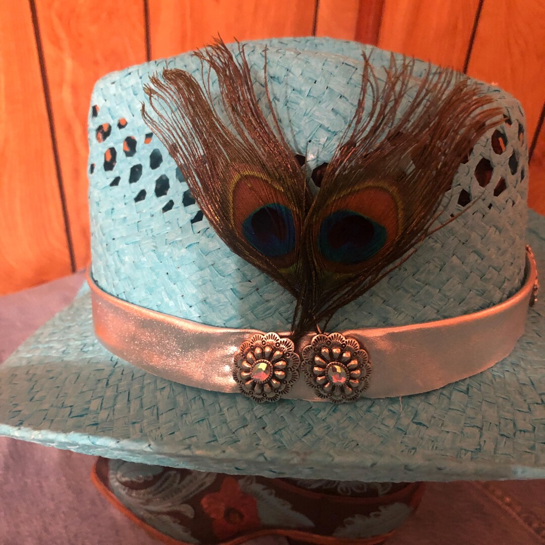 Light Blue Straw Cowboy / Western Hat With a Silver Band, Silver ...