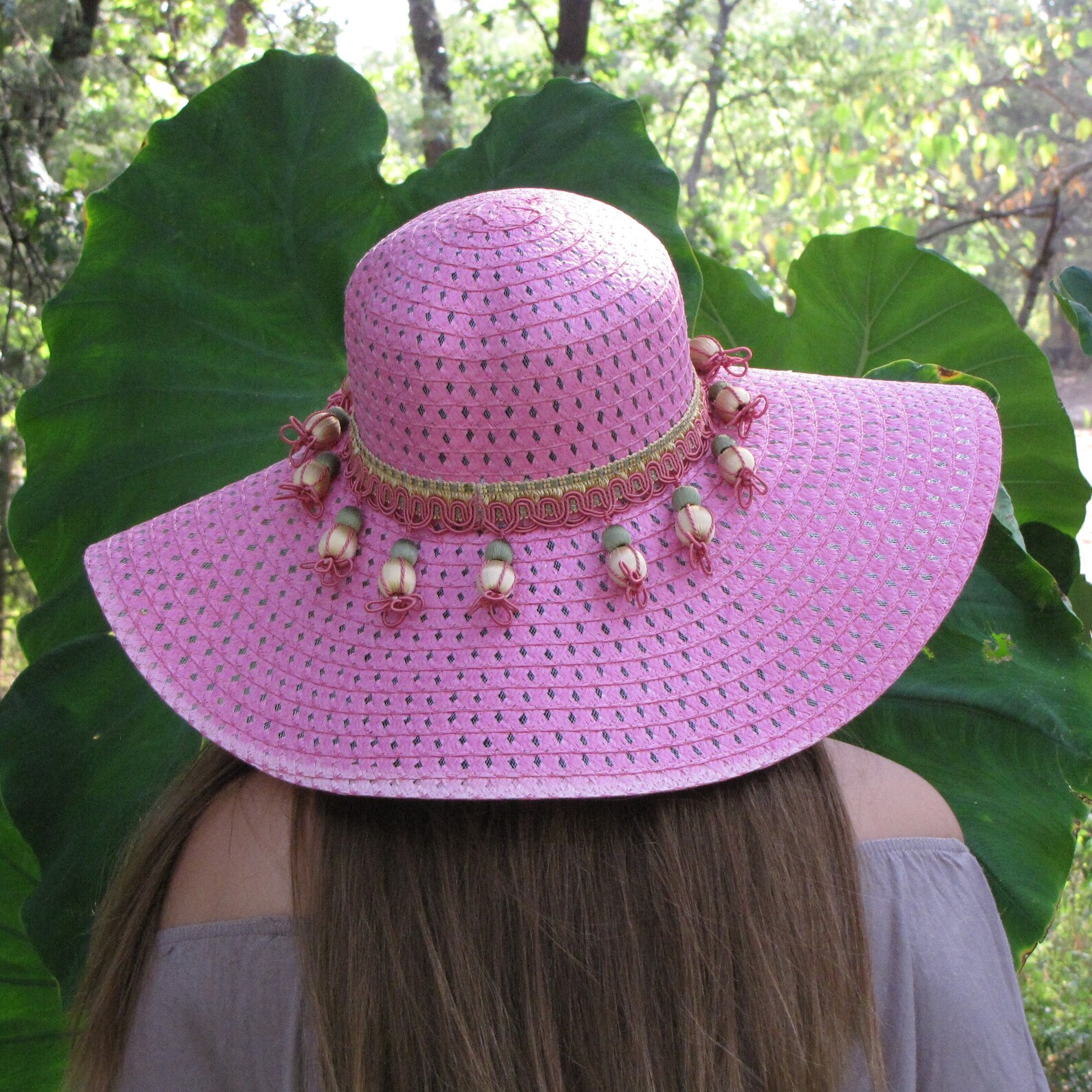 Pink Wide Brim Floppy Hat With Unique Green and Yellow Pom Poms. This ...