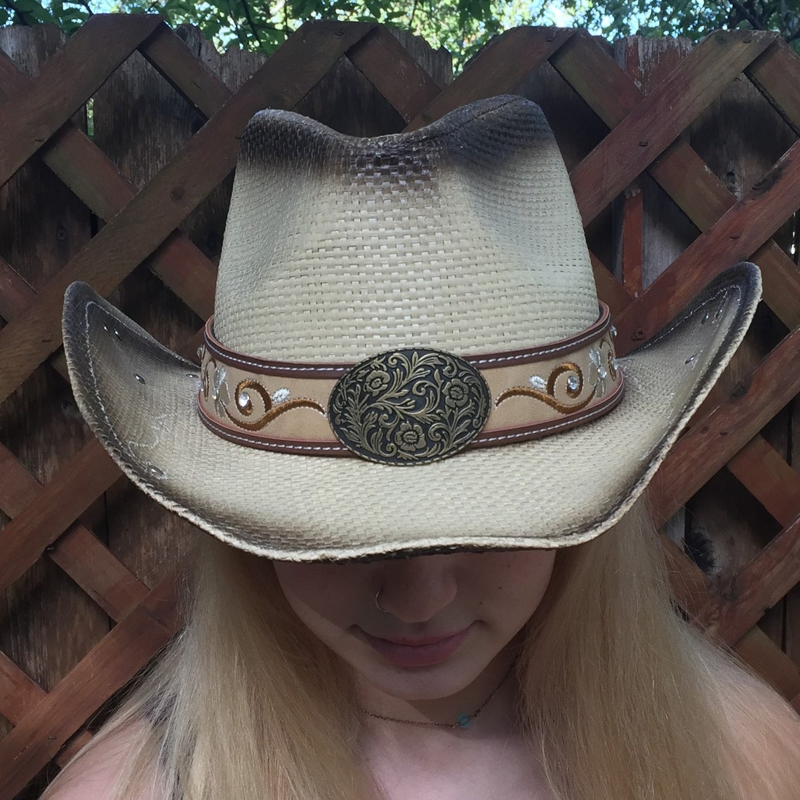 Straw Cowboy Hat With Beautiful Scroll Apliques on Side Brim & - Etsy