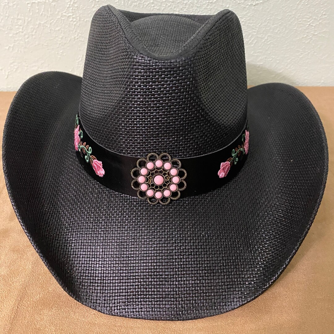 Black Straw Cowboy Hat Vintage Look With Black Hat Band Trimmed in Pink ...