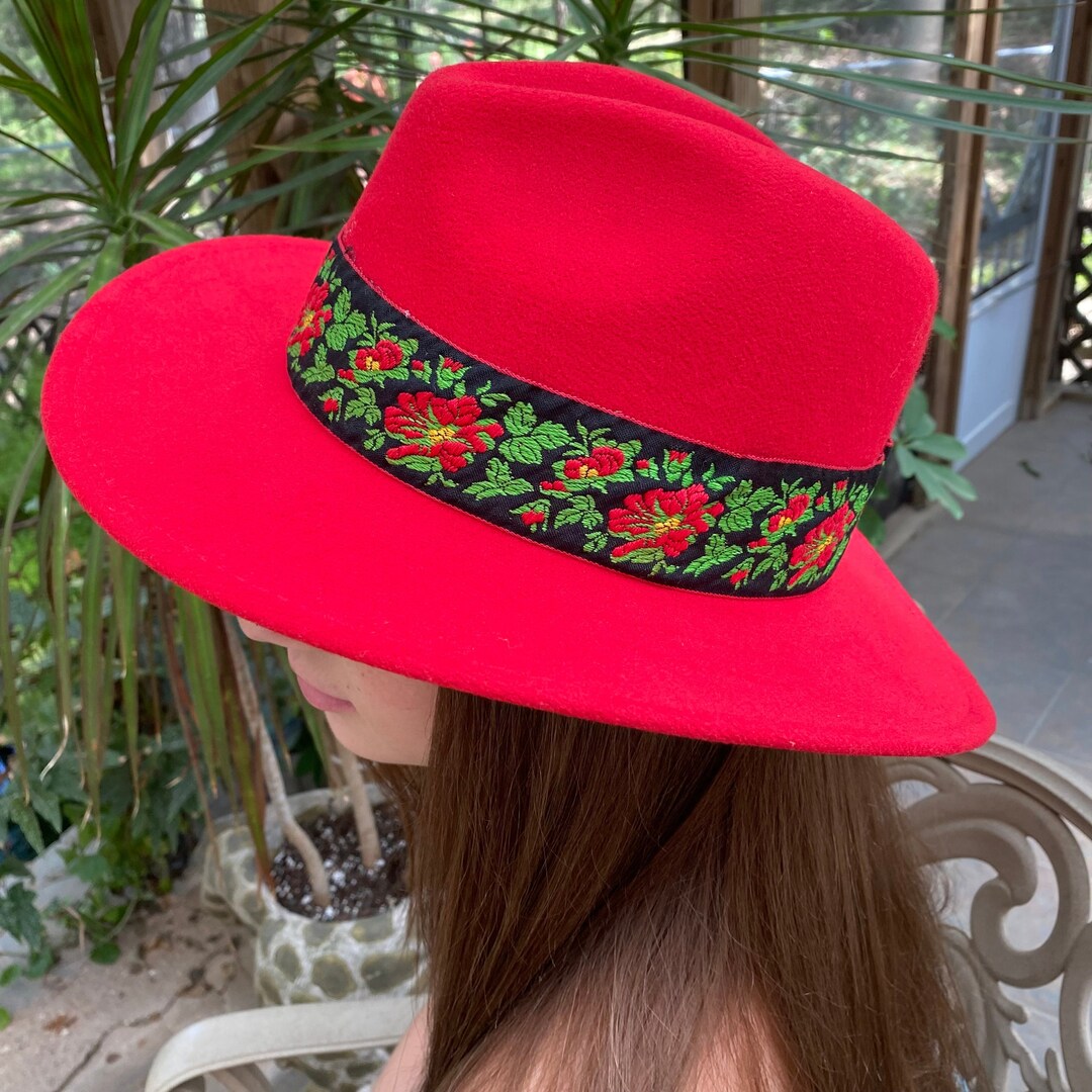 Wide Brim Red Fedora Felt Hat With Black Band Embroidery With Beautiful ...