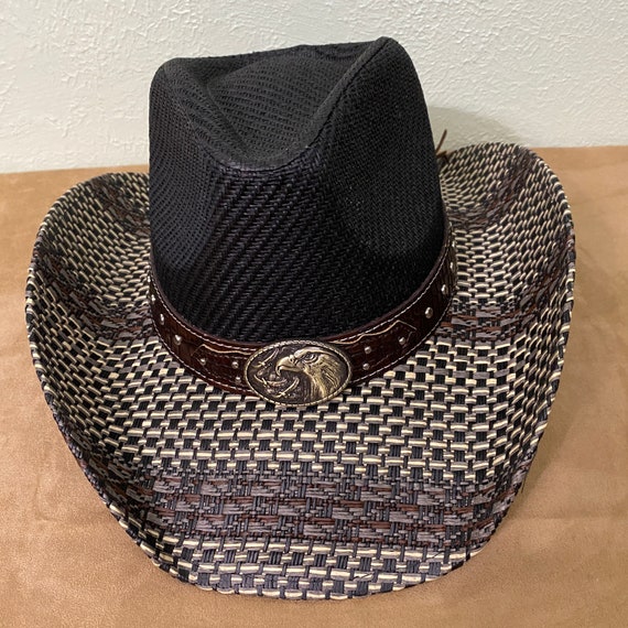 Unique Straw Cowboy Hat Black and White Woven Straw With Brown Studded Hat Band With Gold Eagle Medallion Antiqued in Black Etsy UK