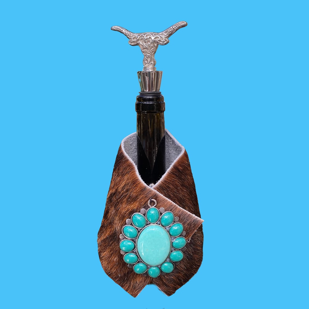 Ornate Steer Head Bottle Stopper and Cow Hide Wine Wrap Embellished ...