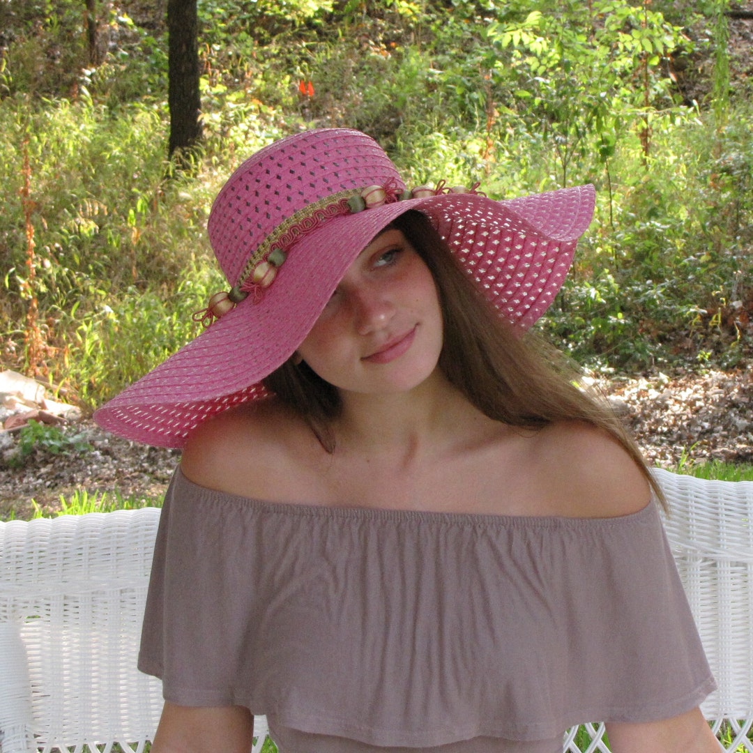 Pink Wide Brim Floppy Hat With Unique Green and Yellow Pom Poms. This ...