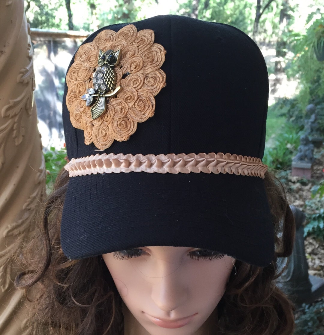 Black Ball Cap With Beautiful Gold Ribbon Applique With Owl Pendant and ...