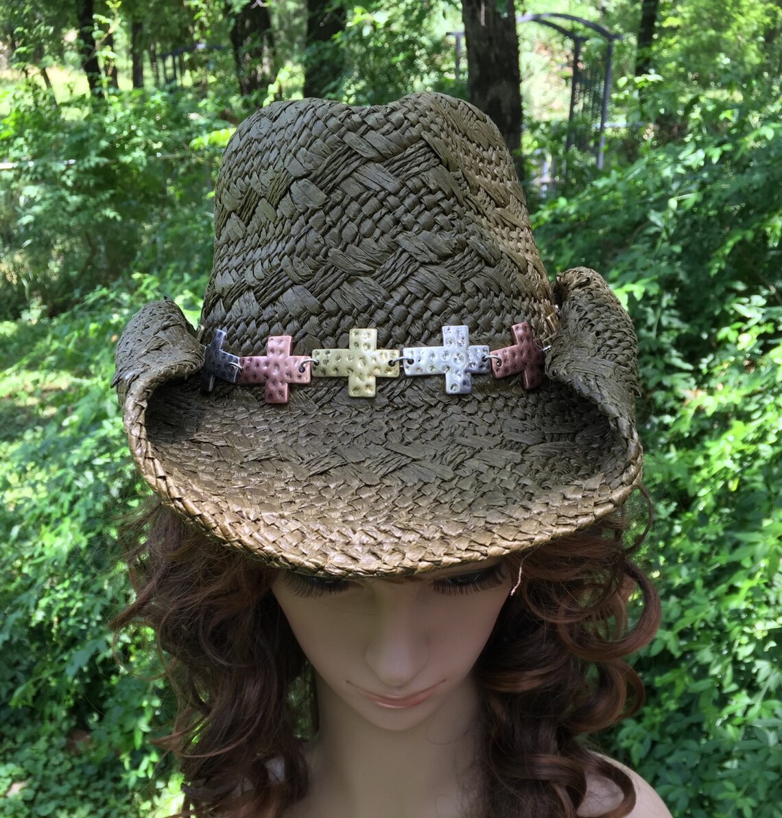 Brown Straw Cowboy Hat with Roll Brim and a Cross Hat Band of | Etsy