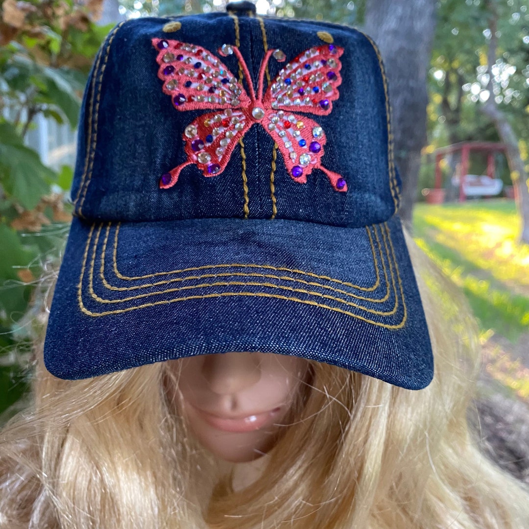 Demi Blue Ball Cap With Embroidered Pink Butterfly Embellished With ...