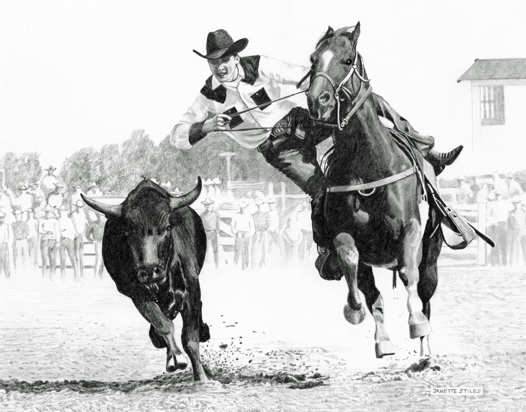 Steer Wrestling Art, Rodeo Horse Print, Printable Rodeo Art, Rodeo ...