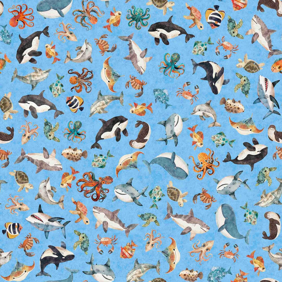 Deep Sea Dazzle Sea Creatures 31197 Blue B - - QT Fabrics - Ocean Life ...