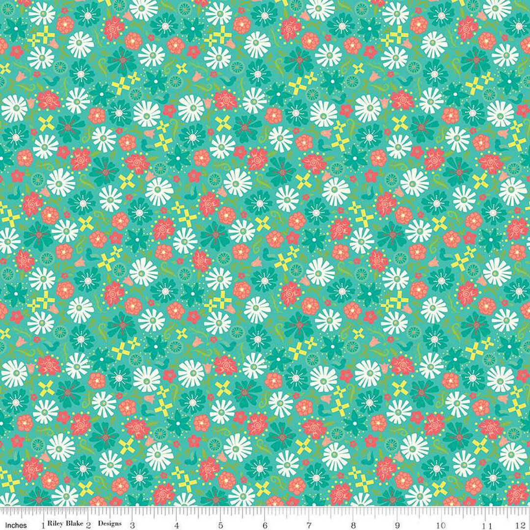 Fat Quarter End of Bolt - SALE Gingham Cottage Flowers C13015 Sea Glass ...