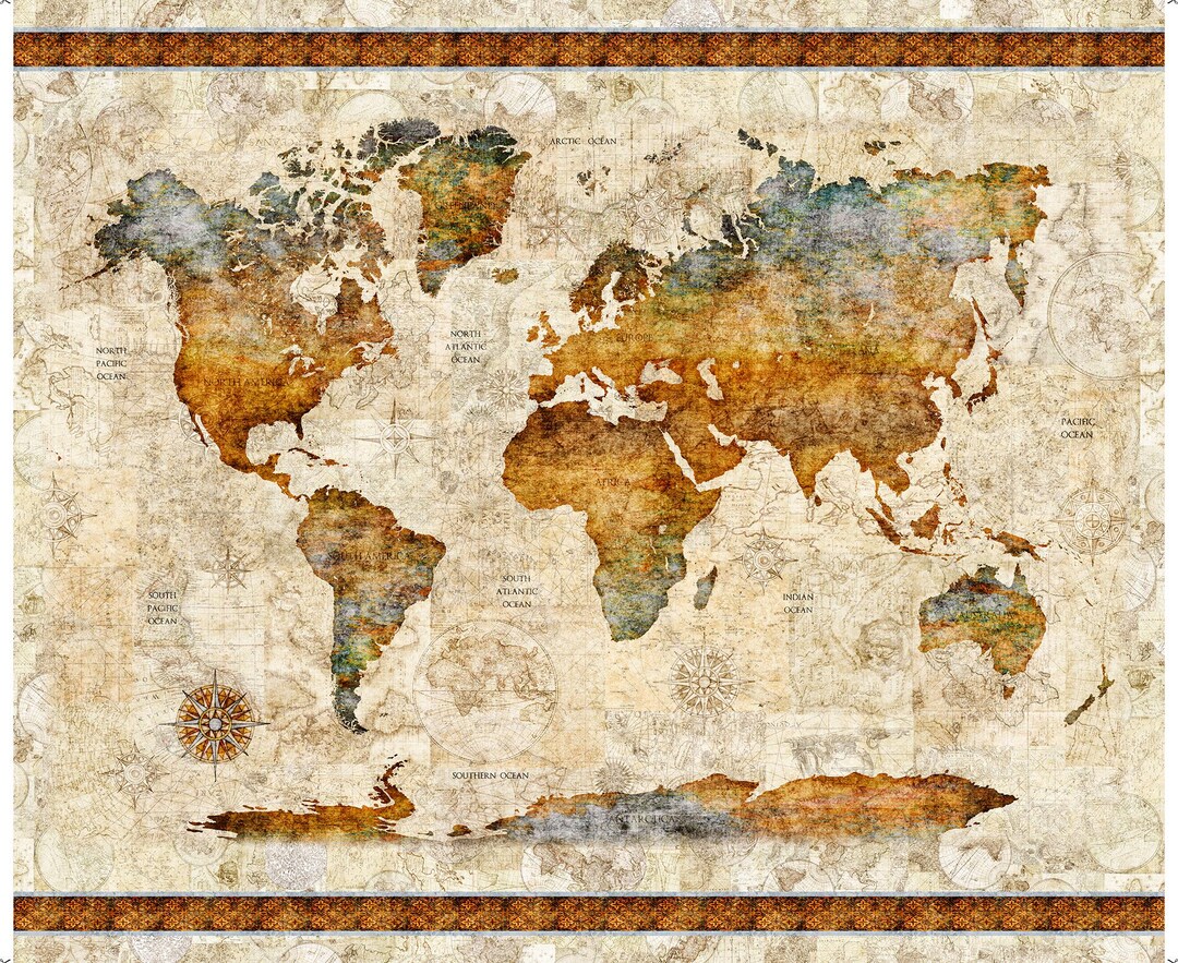 Globetrotter Map Panel 30527 Parchment E - by QT Fabrics - Vintage ...