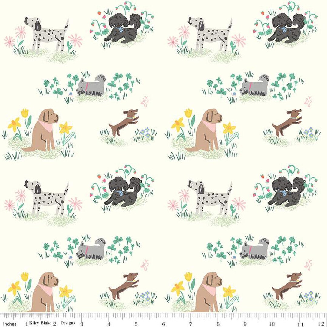 Chloe Dogs C14521 Cream - Riley Blake Designs - Patches Flowers Grass ...