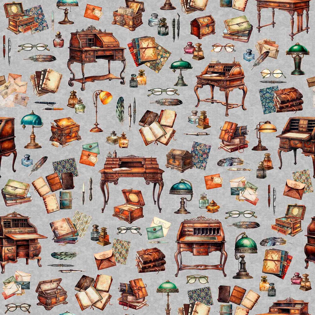 Bookworm Writing Desk & Motifs Toss 30447 Gray K - by QT Fabrics ...
