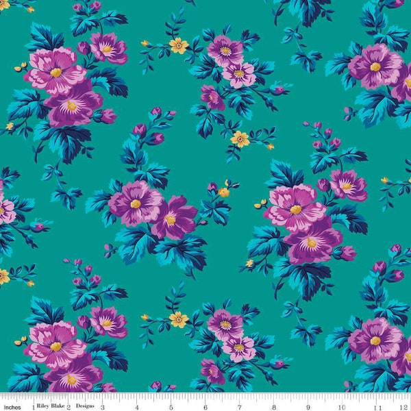 Teal Floral Fabric - Etsy