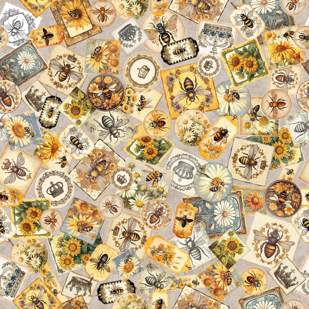 SALE MINKY Queen Bee Bee Collage 60" Wide 30483 Gray - QT Fabrics ...