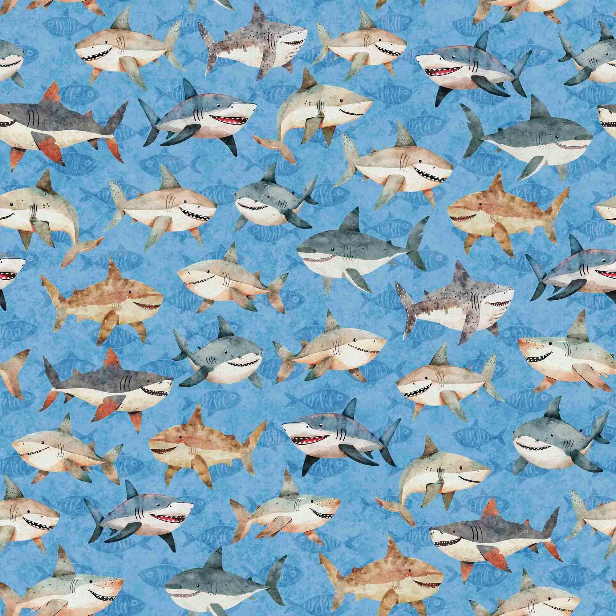 Deep Sea Dazzle Shark Toss 31199 Blue B - - QT Fabrics - Sharks Teeth ...