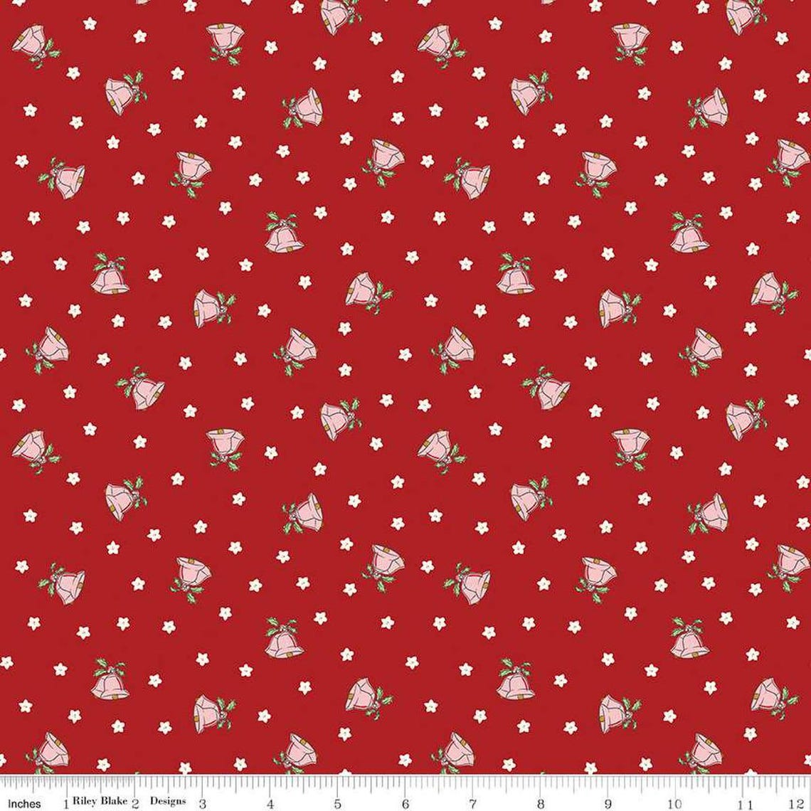 Mistletoe & Holly Mistle Scattered Bells C16404 Barn Red - Riley Blake ...