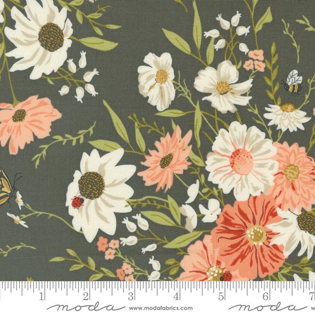 SALE Farmstead Main 20900 Charcoal - Moda Fabrics - Blossoms Leaves ...