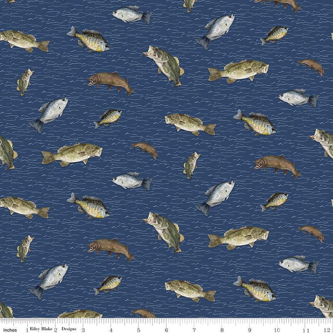 Wake at the Lake Fish Toss C14891 Navy by Riley Blake Designs ...