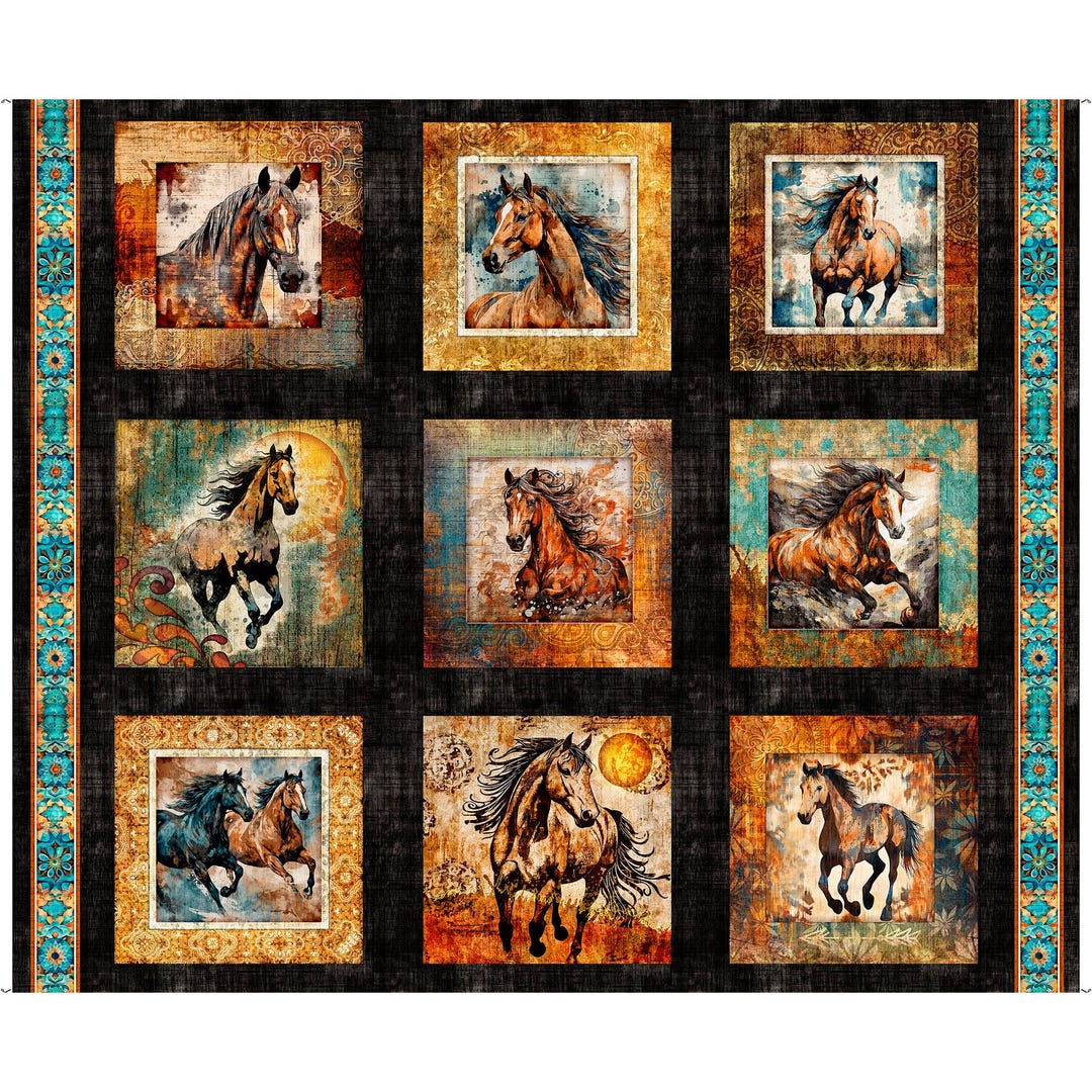 Born to Run Wild Horse Picture Patches Panel 31475 Black J - QT Fabrics ...