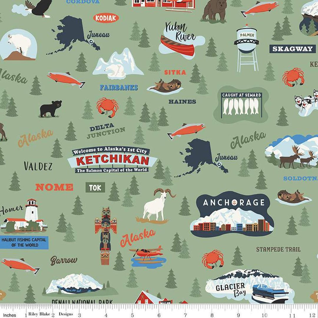 Alaska Icons C16165 Green - Riley Blake Designs - Fish Icons Anchorage ...