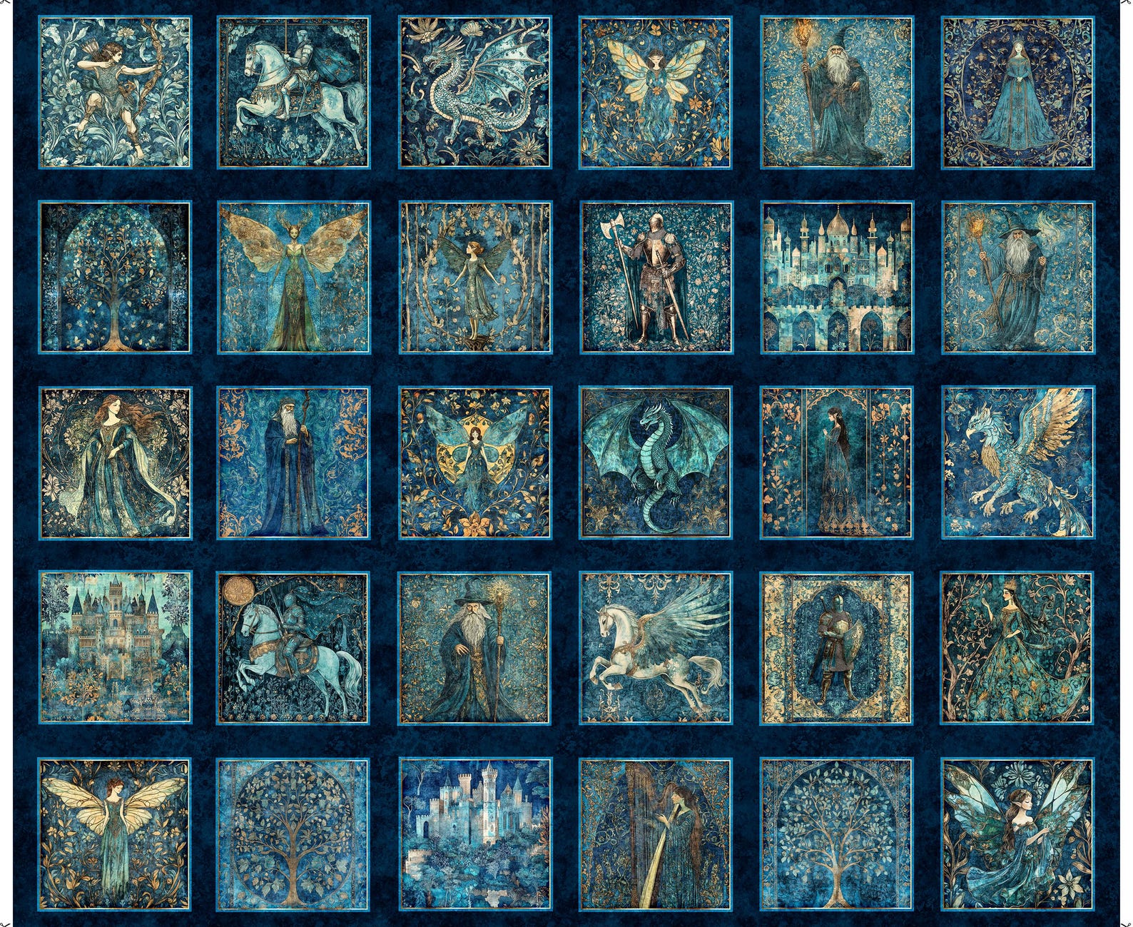 Folklore Small Medieval Picture Patches Panel 31641 Navy N - QT Fabrics ...