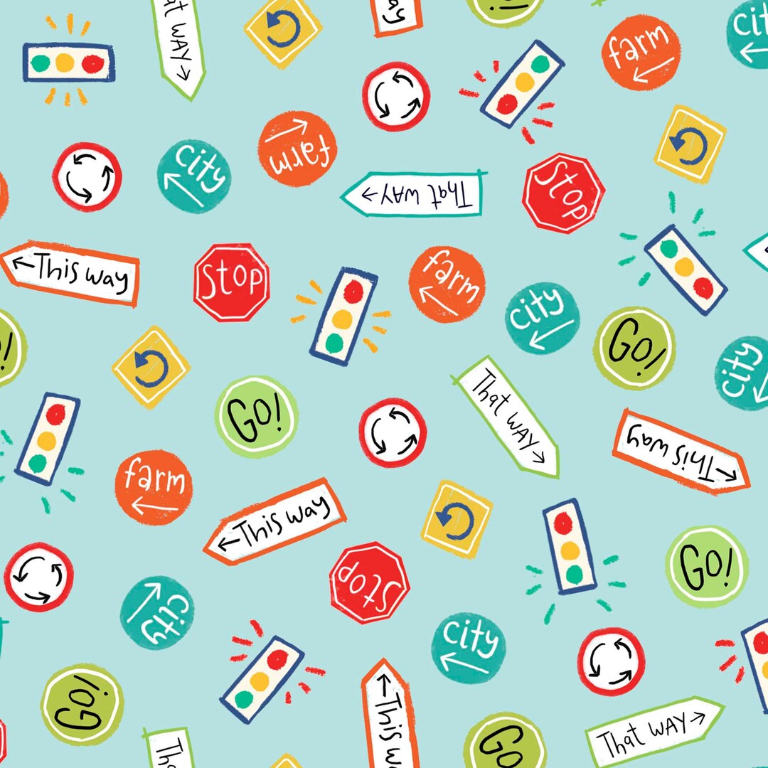 Vroom Vroom Street Signs Toss 30828 Aqua Q - by QT Fabrics - Automobile ...