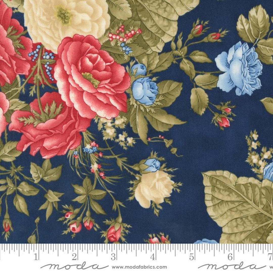 SALE Grand Haven Cabbage Rose 14980 Navy - Moda Fabrics - Floral Flower ...