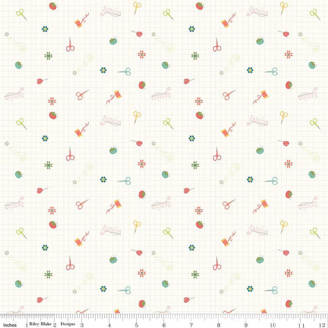SALE Hush Hush 3 Stitch is Life C14079 by Riley Blake Designs - Sewing Icons Flowers Grid Low ...